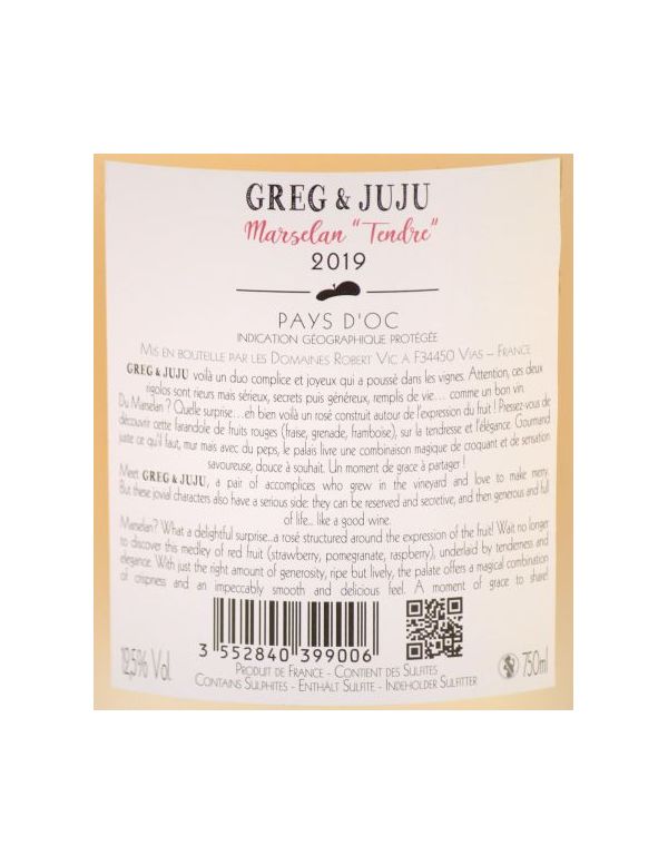 Vin Rosé de Greg & Juju IGP Pays d'Oc - Cépage 100 % Marselan - Achat